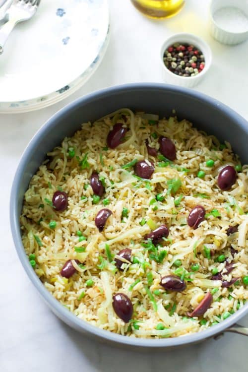 Leek Kalamata Rice - Primavera Kitchen
